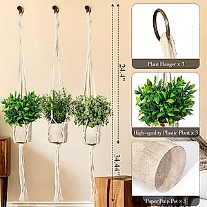 Artificial Plants 3 Pack Mini Fake Hanging with Macrame Plant Hangers Decorative Faux Greenery Decor for Shelves Wall Kitchen Farmhouse Bathroom Home Office