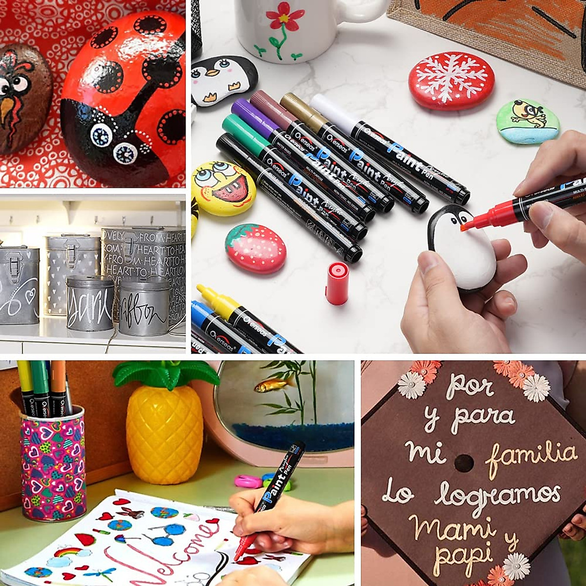 Overseas White Paint Pens Paint Markers - Permanent Acrylic Markers 2 Pack, Water Based, Quick Dry, Waterproof Paint Marker Pen for Rock, Wood, Plastic, Metal, Canvas, Glass, Fabric, Mugs. Medium Tip