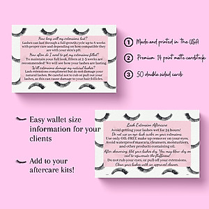 Lash Extension Aftercare Cards | 50 Pack | Eyelash Extension Supplies | Lash Print & Pink Design | Size 3.5 x 2" inches | After Care (2-3 Week Fillers)