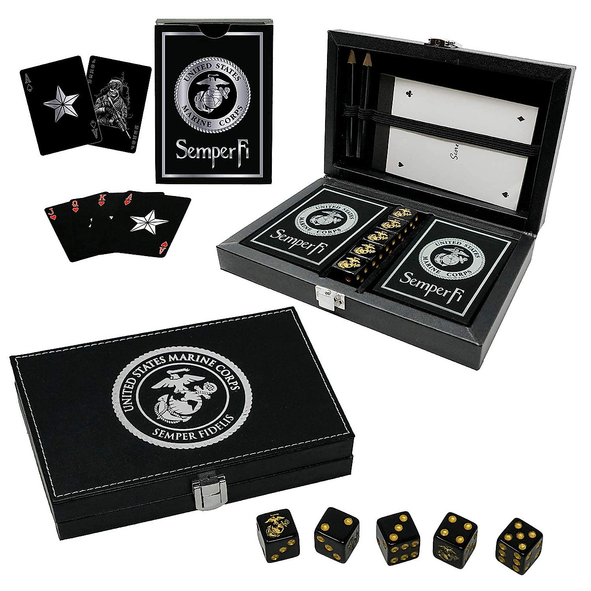 Marine Corps Playing Cards and Dice Set – Black Leather Keepsake Box, Playing Cards with USMC Rank Insignia, EGA Dice