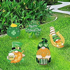 St. Patrick's Day Yard Sign Stakes Outdoor Decorations 5 pcs Irish Gnome Shamrock Green Lawn Sign for Saint Patty's Day Outside Lawn Yard Decorations Supplies 