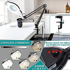 10X Magnifying Glass with Light, NUEYiO 2200 Lumen Stepless Dimmable Magnifying Lamp, 4" Real Glass Lens, Adjustable Swing Arm Lighted Magnifier Desk Lamp for Repair, Crafts, Close Work. (Black)