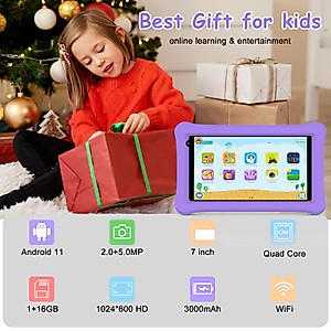 Kids Tablet 7 inch, Android 11 Tablet for Kids, 16GB Toddler Tablet with Bluetooth, IPS Screen, Parental Control, Kids Software PreInstalled, Dual Camera Shockproof Case for Education (Purple)