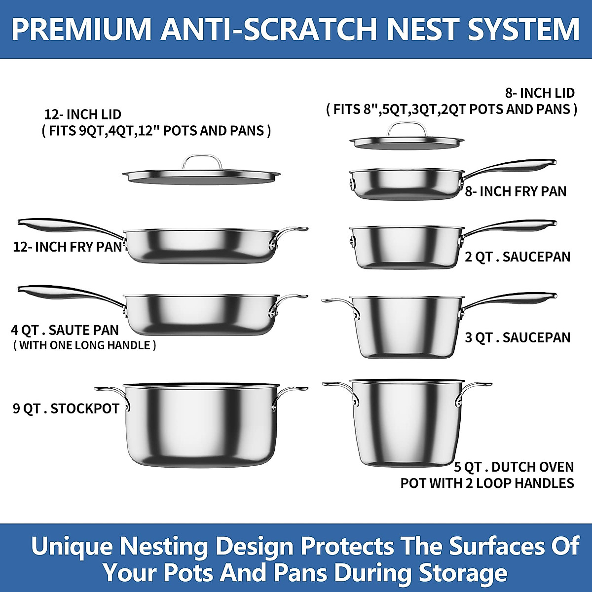 Nuwave Pro-Smart 9pc Stainless Steel Cookware Set, Heavy-Duty Tri-Ply 3.1mm Thickness, 18/10SS, Space Saving Nestable Design, Stay-Cool Handles, Induction-Ready, Works on All Cooktops, 20Yeär Wärranty