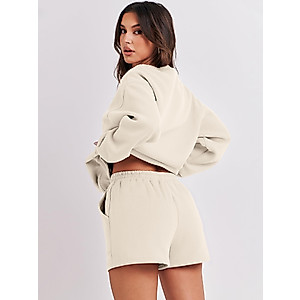ANRABESS Women 2 Piece Outfits Sweat Shorts Sets 2025 Oversized Casual Lounge Matching Set Sweatsuit Tracksuit Clothes Beige X-Small