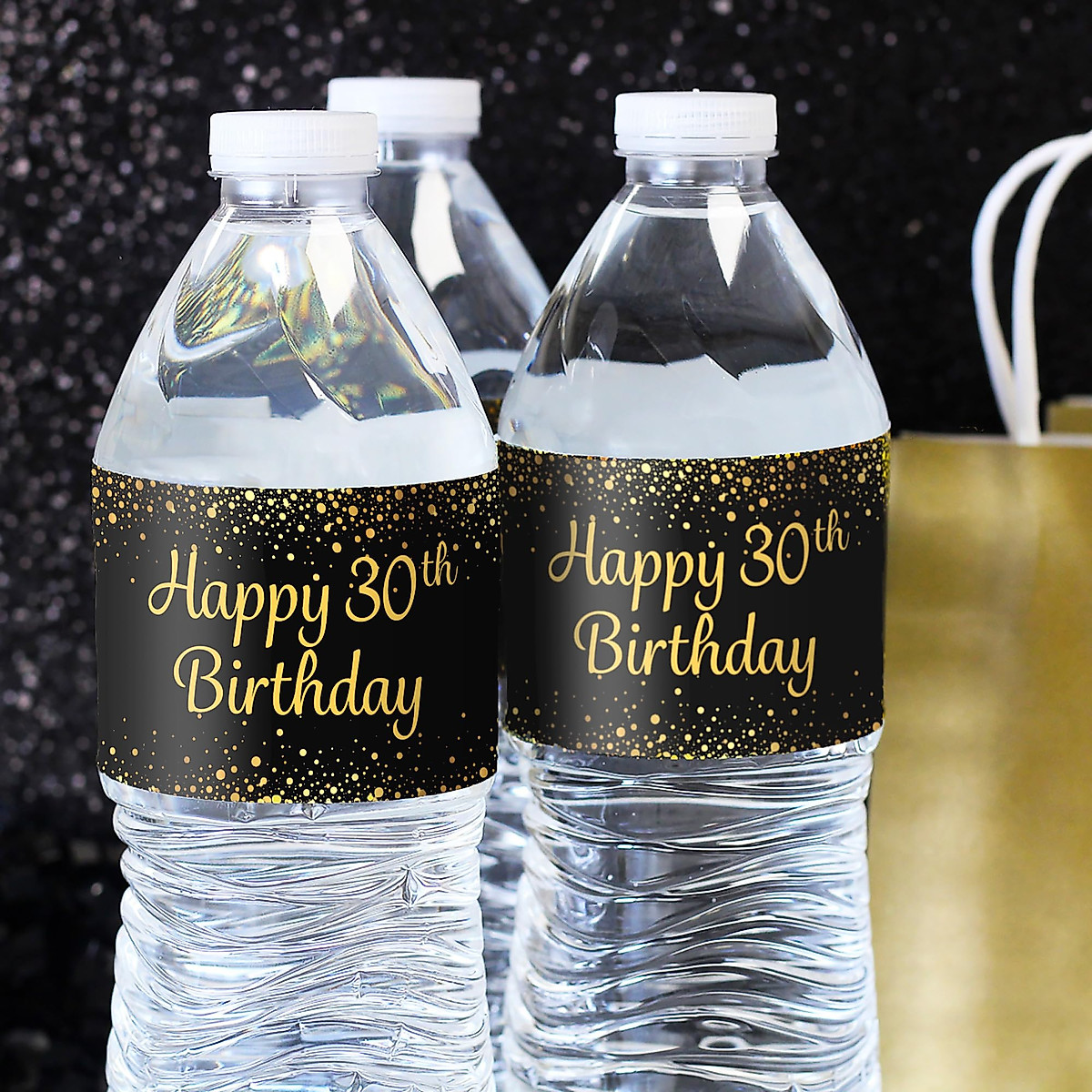 Black and Gold 30th Birthday Party Water Bottle Labels - 24 Stickers
