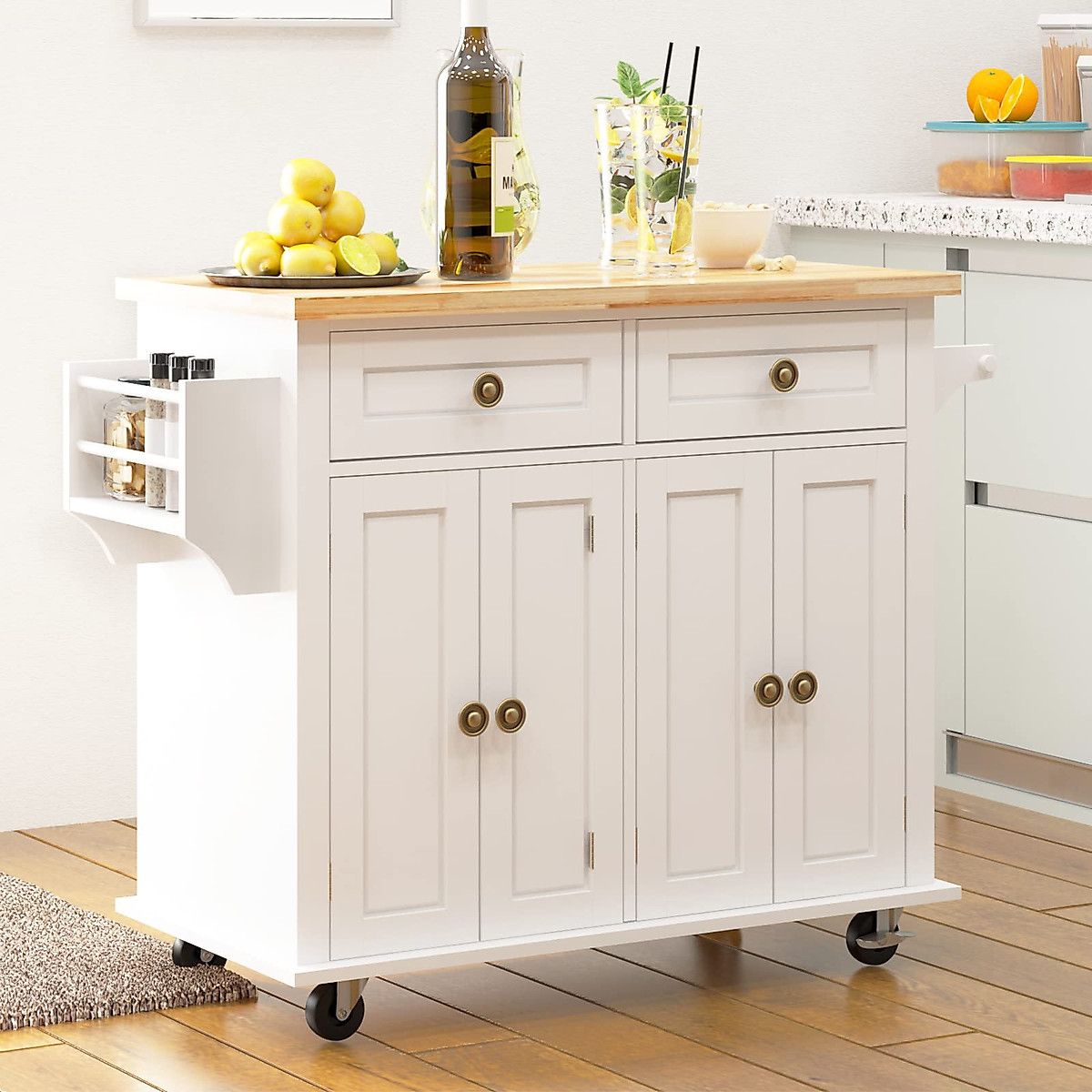 soges Rolling Kitchen Island Cart with Storage, Wood Trolley Cart with Spice and Towel Rack, Mobile Kitchen Storage Cabinet Island Table on Wheels, Serving Cart with Cabinet and Drawers,FZSR-HT01WT