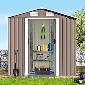 Merax Outdoor Storage Shed, 6 x 4 FT Metal Garden Shed Steel Tool Shed Storage House with Adjustable Shelf and Lockable Door,Tool Cabinet with Vents and Foundation for Backyard, Patio & Lawn, Brown