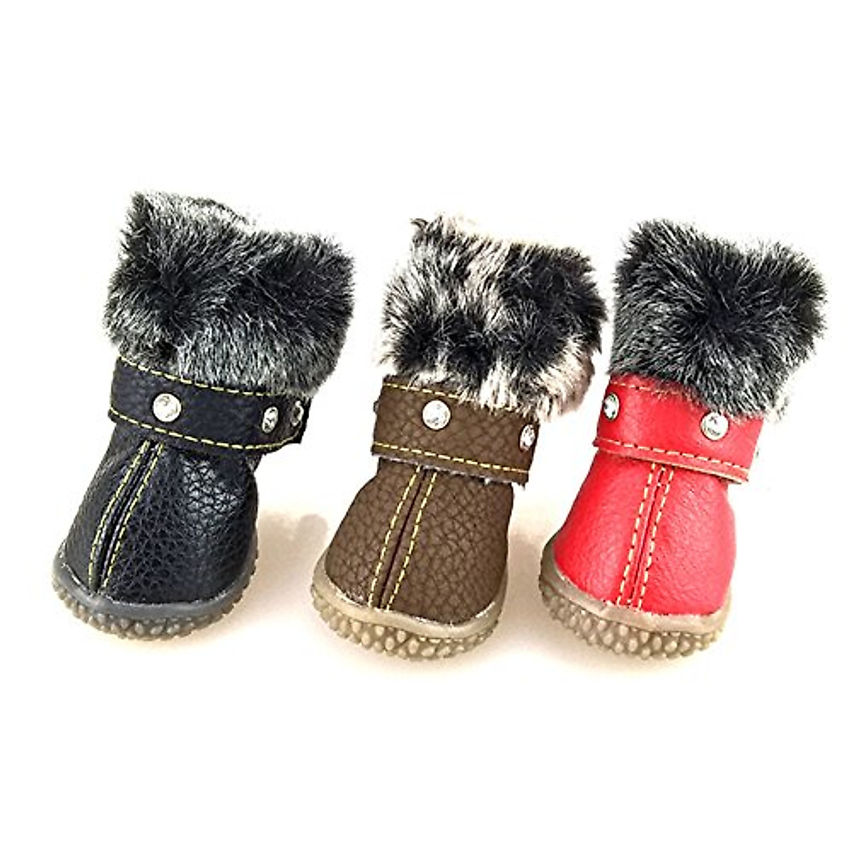 Hdwk&Hped Warm Dog Snow Boots Waterproof PU Small Dog Boots Anti-Slip Pet Shoes Paw Protector for Winter 2 Styles #1-#5 (Rhinestone Style - red, #1)