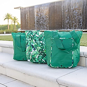 Sachi 3 Piece Market Tote Set – Insulated Thermal Reusable Grocery Bags for Cold and Hot Foods – Lightweight, Portable and Fold-able (Green Tropical Leaf)