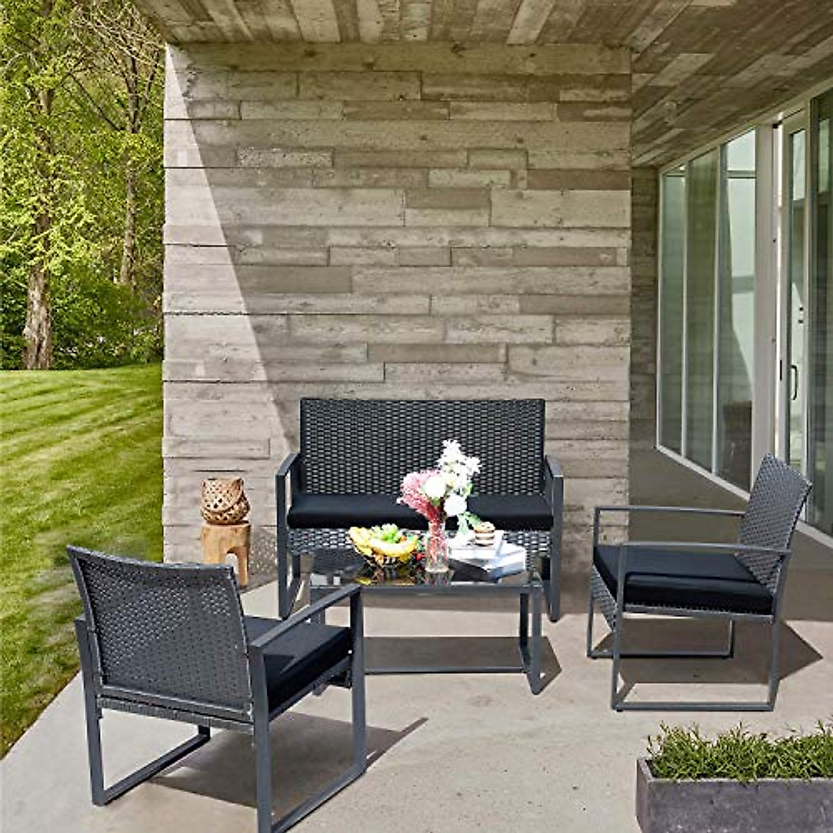 Tuoze 4 Pieces Patio Furniture Set Outdoor Patio Conversation Sets Modern Porch Furniture Lawn Chairs with Glass Coffee Table for Home Garden Backyard Balcony (Black)