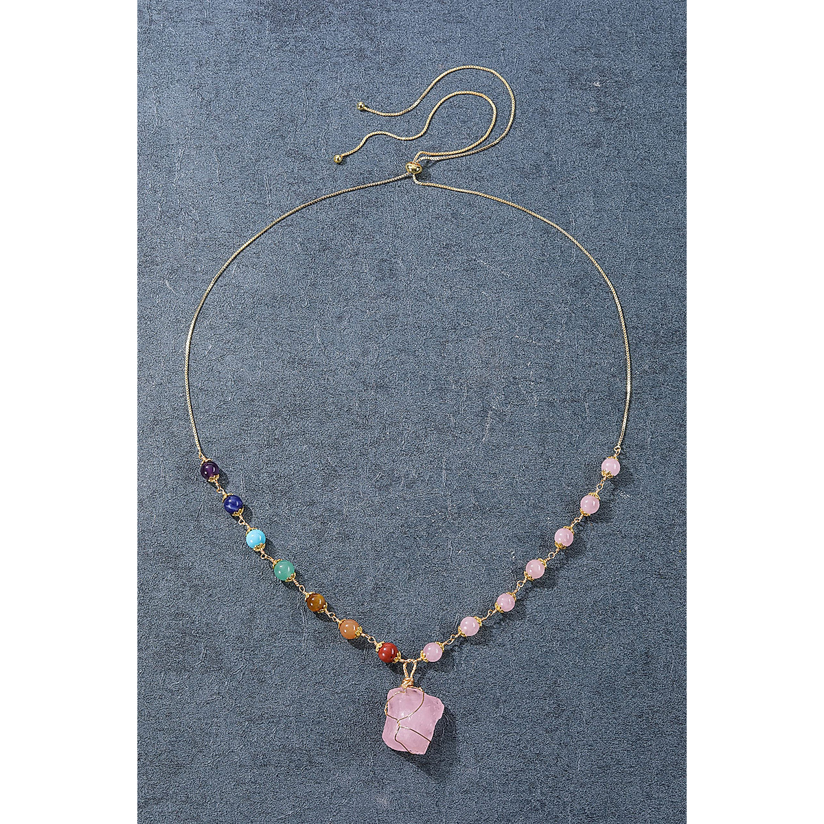Jovivi Healing Stone Necklaces 7 Chakra Beads Necklace for Women Adjustable 14K Gold Plated Wire Wrapped Raw Rose Quartz Crystal Pendant Necklace Gemstone Jewelry Mothers Day Gift