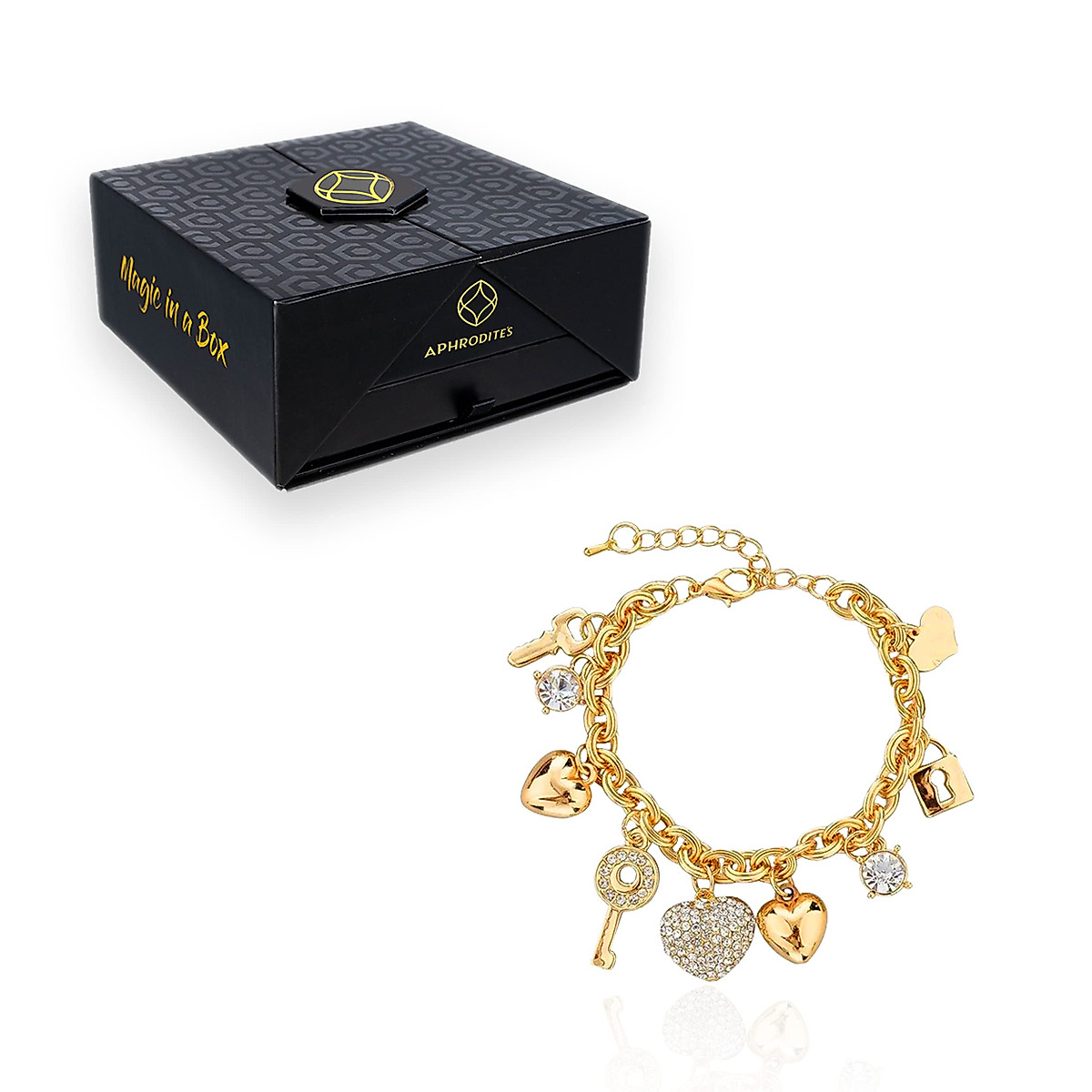 Aphrodite’s Magic in a Box Love Locked Charm Bracelets for Women, 9 fun Charms Bracelet with Deluxe Gift Box, Birthday Christmas Jewelry Gift for Girls, Mom, Wife, Sister and Friend