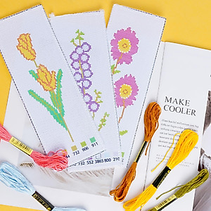 yeabwps 3Pcs Cross Stitch Bookmark Kits Embroidery DIY Bookmark Flower Patterns DIY Cross Stitch Bookmarks for Beginners Daisies Tulips Bellflower Handmade DIY Cross Stitch