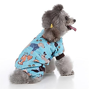 Ornaous Fleece Small Dog Cat Pajamas Shirt，Cute Blue Pet Onesie Pajamas Puppy Footie Jumpsuit Warm Clothes（L Size）