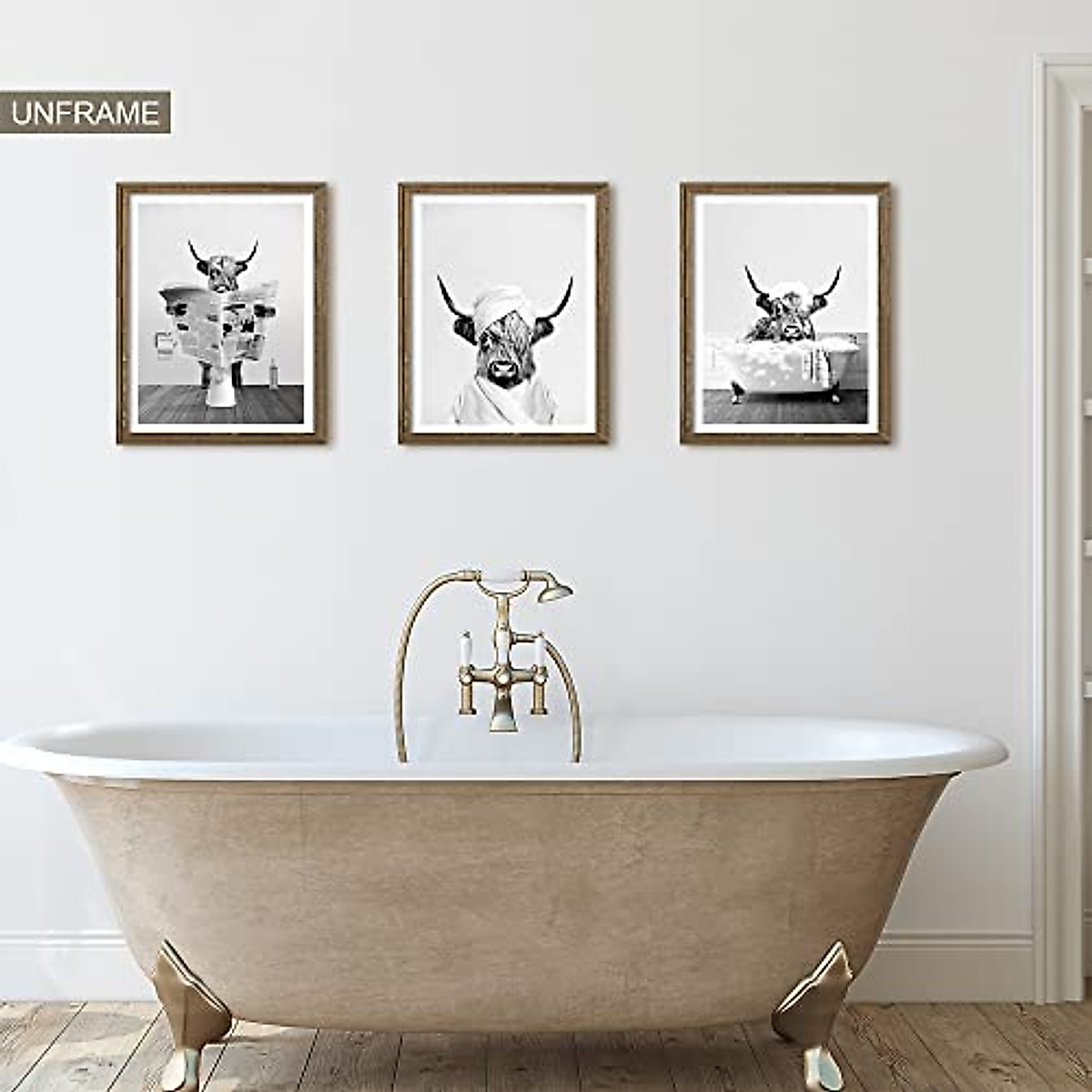 YLYYOO Funny Highland Cow Bathroom Wall Art,black and White Canvas Wall Art Farmhouse Bathroom Wall Decor,highland Cow Pictures Prints for Wall Decor Set of 3 Unframed. (Black,3PCS-12"x16"-Unframed)