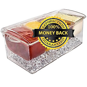 Ice Chilled 4 Compartment Condiment Server Caddy - Serving Tray Container with 4 Removable Dishes and Hinged Lid | 3 Serving Spoons + 3 Tongs Included