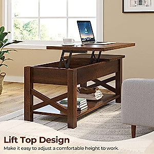 Rolanstar Coffee Table 47.2", 2 Way Lift Top Coffee Table with Hidden Compartment, Lift Top Coffee Table with Open Shelf & X Wooden Support, Farmhouse Center Table for Living Room, Espresso