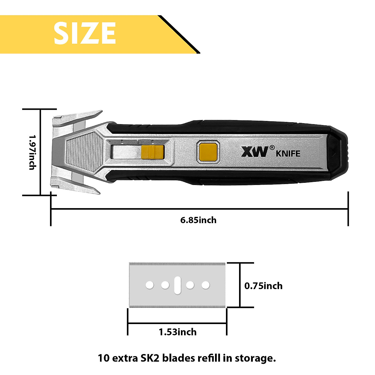 XW Heavy Duty Scraper Utility Knife with Safety Box Cutter, 2-in-1 Tool with 10 Spare SK2 Blades in Storage