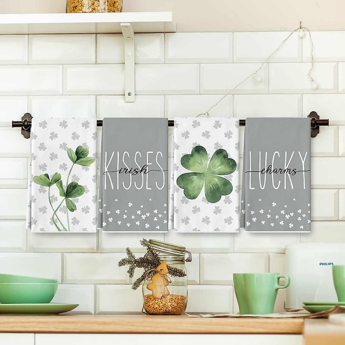 AnyDesign St. Patrick's Day Kitchen Towel Gray White Lucky Kisses Dish Towel Shamrock Clover Hand Drying Tea Towel for Cooking Baking Cleaning Wipes, 18 x 28 Inch, Set of 4