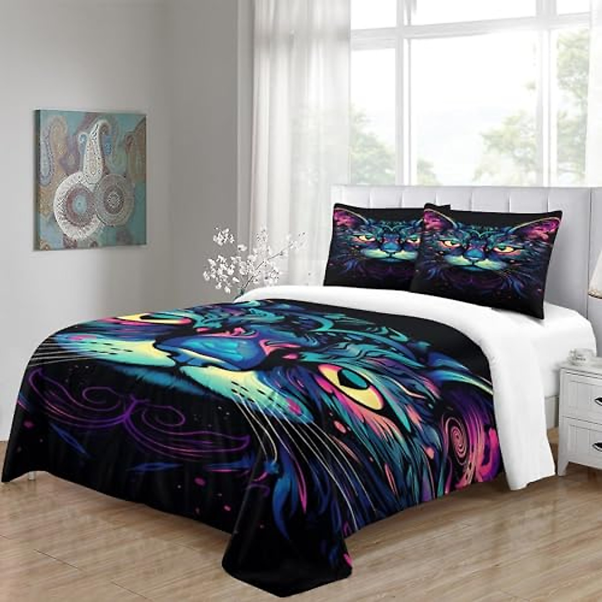 MEFESE Colorful Line Cat Theme 3D Bedding Duvet Cover Set Neon Cool Style 3 Piece (1 Duvet Cover+2 Pillowcase) for Teen Boys Girls Sports Microfiber Bedding Quilt Twin（173x218cm）
