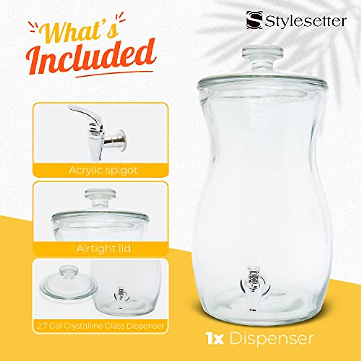 Style Setter Glass Beverage Dispenser for Countertop - 2.7 Gallon Large Glass Drink Dispenser w/Spigot & Lid - Party Drink Dispenser for Sweet Tea Lemonade Punch Water, Juice Dispensers for Parties