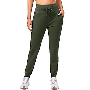 G Gradual Women's Fleece Lined Joggers High Waisted Water Resistant Thermal Winter Sweatpants Running Hiking Pockets(Olive, L)