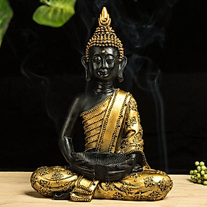 JIZHENG Buddha Statue Decor Figurine Thai Sitting Buddha Sculpture 14 inch Decoration Meditating Zen Buddha Antique Golden Look for Room/Garden/Yard/Indoor/Outdoor, Black/Copper, Large