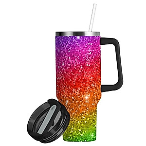 Yasala Car Tumbler with Handle Rainbow Glitter Shine Travel Mug Coffee Cup Insulated Beverage Container Mega Cup for Hot Cold Drinking Thermos Water Bottle Cupholder Friendly 40 oz