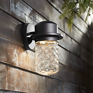 Possini Euro Design Mallow Modern Rustic Outdoor Wall Light Fixture LED Textured Black Steel 9 1/4" Clear Hammered Glass for Exterior House Porch Patio Outside Deck Garage Front Door Garden Home