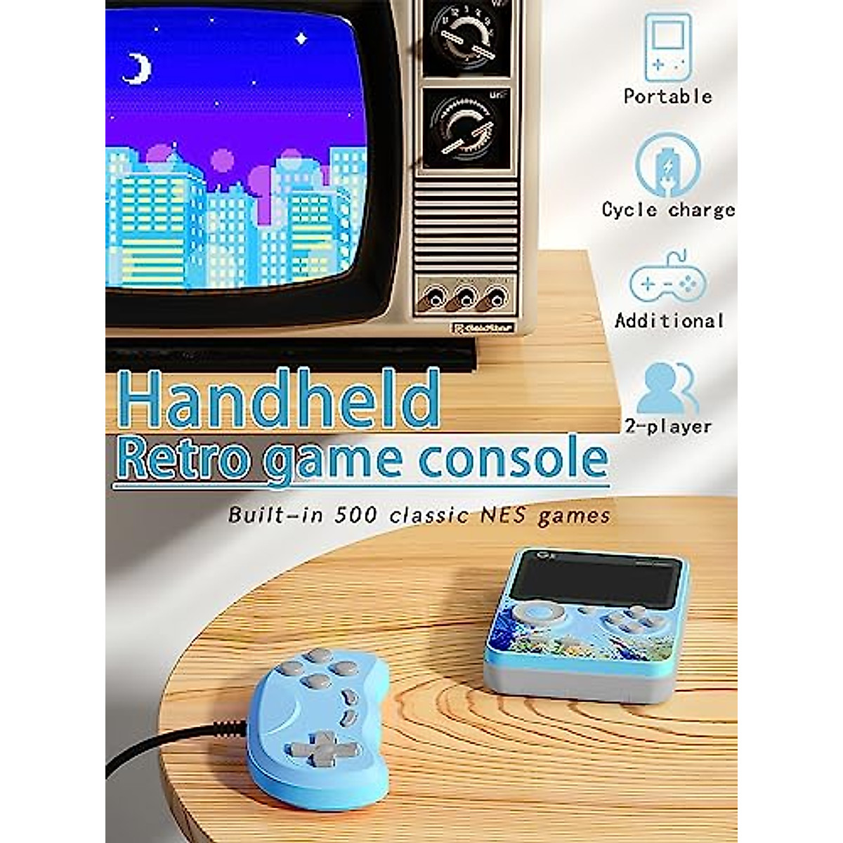 Fadist Handheld Game Console, Retro Mini Game Console with 500 Classic Games, 3.0 inch Screen, Rechargeable Battery, Portable Game Console, Support TV, Ideal Gift for Kids, Friend, Lover