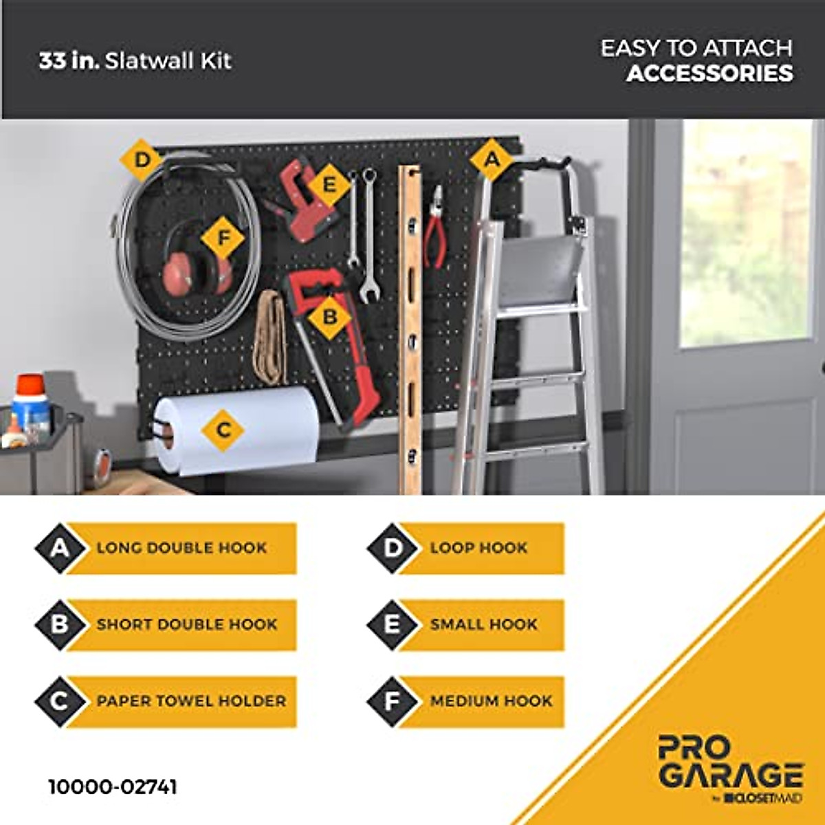 ClosetMaid ProGarage Slatwall Hang Track Kit, 33 in. W with Peg Board Hooks, Hangers, Paper Towel Holder, Garage Organizer System, Black