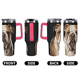 LLUTSNTH 40 Oz Vacuum Tumbler with Light Rose Red Handle Leakproof Insulated Tumbler English-Bulldog Stainless Steel Travel Mug with Lid And Straw Coffee Cup Cute Water Bottles Cup Holder Friendly