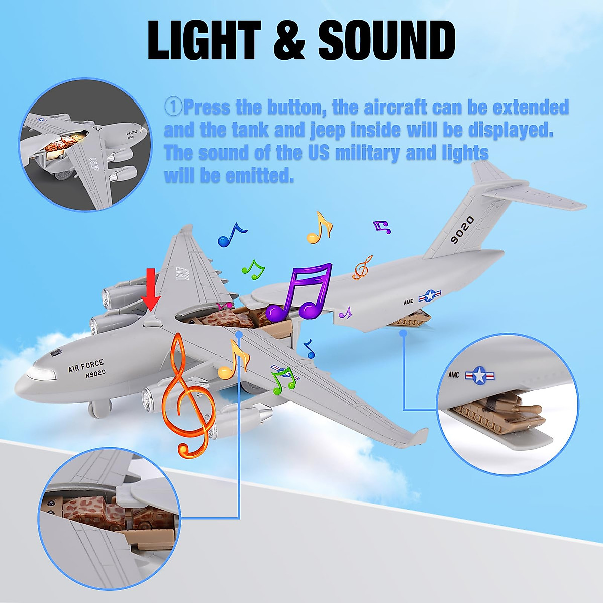 Crelloci Air Force Diecast Plane Toy with Lights & Sounds Pull Back, Grey Metal Military Model Airplane, Army Aircraft Fighter Toy, Play Vehicle for Kids Boys Toddlers Ages 3+