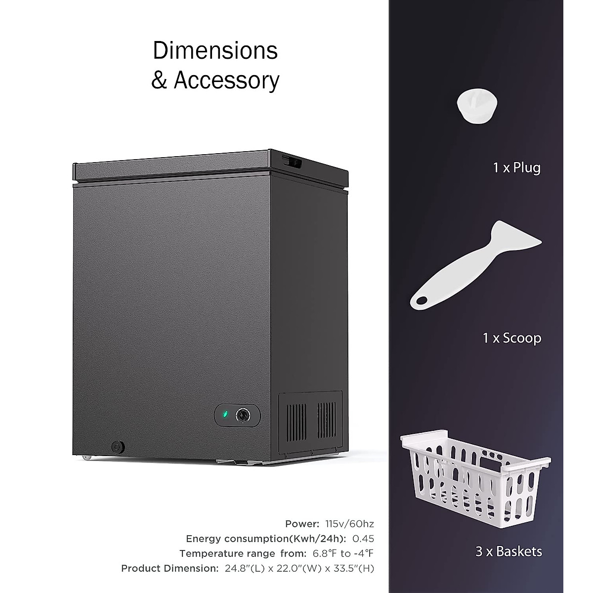 Northair Chest Freezer - 5 Cu Ft with 3 Removable Plastic Baskets - Reach In Freezer Chest - Quiet Compact Freezer - 7 Temperature Settings - Black (3.5 Cubic Feet, Black)
