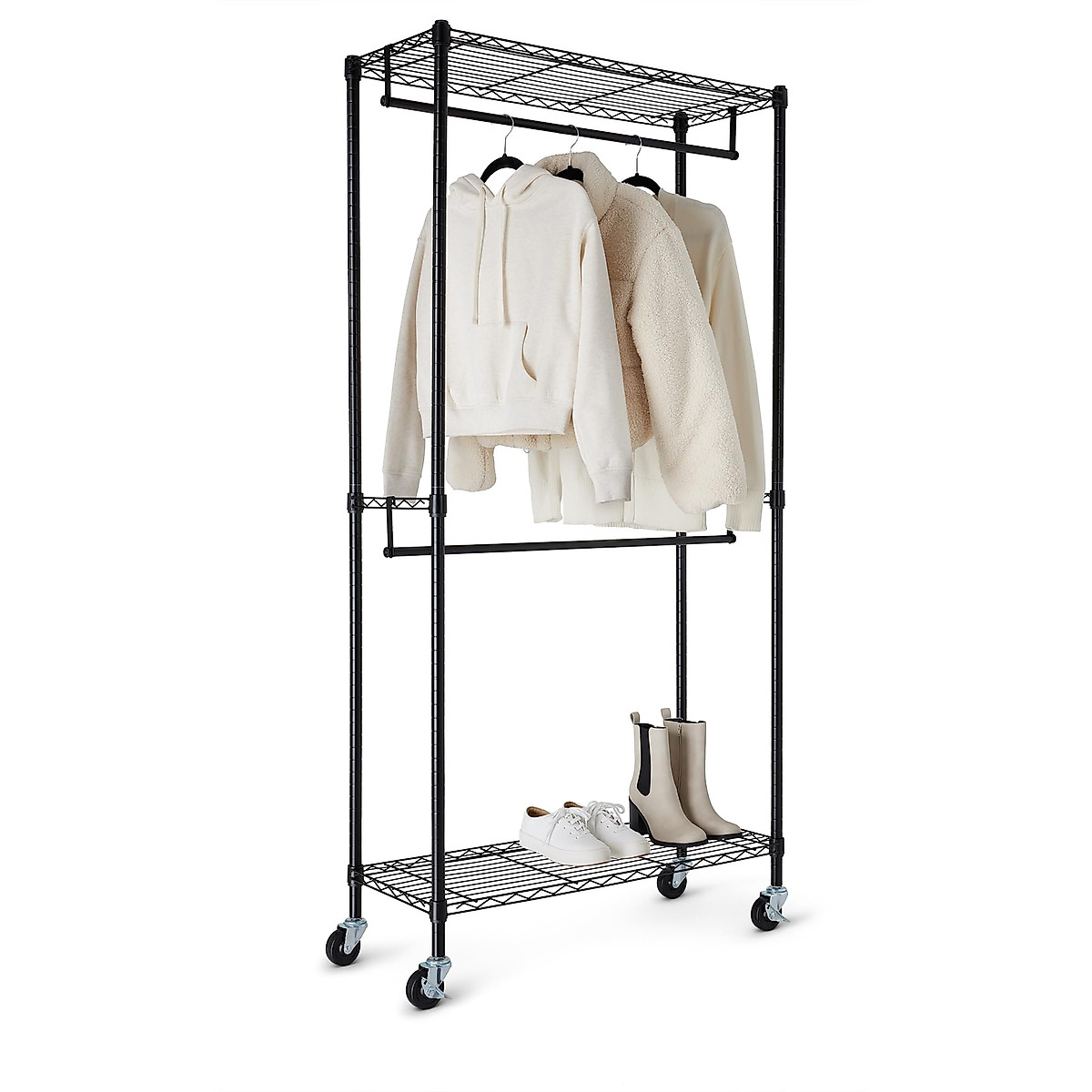 Amazon Basics Adjustable, Double Hanging Rod Garment Rolling Closet Organizer Rack - Black, 72 inches