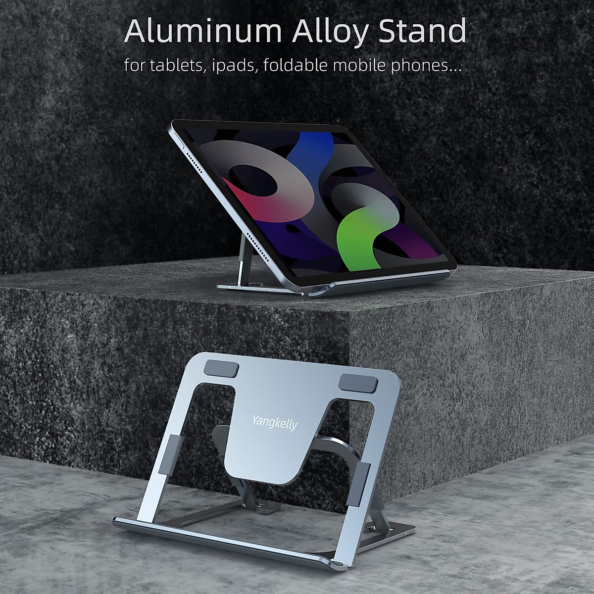 Yangkelly Tablet Stand Foldable and Adjustable, Aluminum Alloy Desktop Holder Drawing Stands Dock for iPad 7 to 12.9, Foldable Mobile Phones, Surfaces etc (Space Gray)