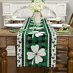 Siilues Spring Table Runner, Buffalo Plaid Shamrock St. Patrick's Day Decoraions Green Seasonal Spring Holiday Table Decorations for Indoor Outdoor Dining Table Decor (13'' x 72'')