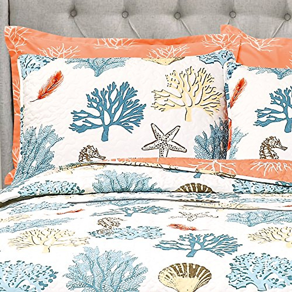 Lush Decor Full Queen-Blue and Coral Coastal Reef Quilt-Reversible 7 Piece Bedding Set with Feather Seashell Design