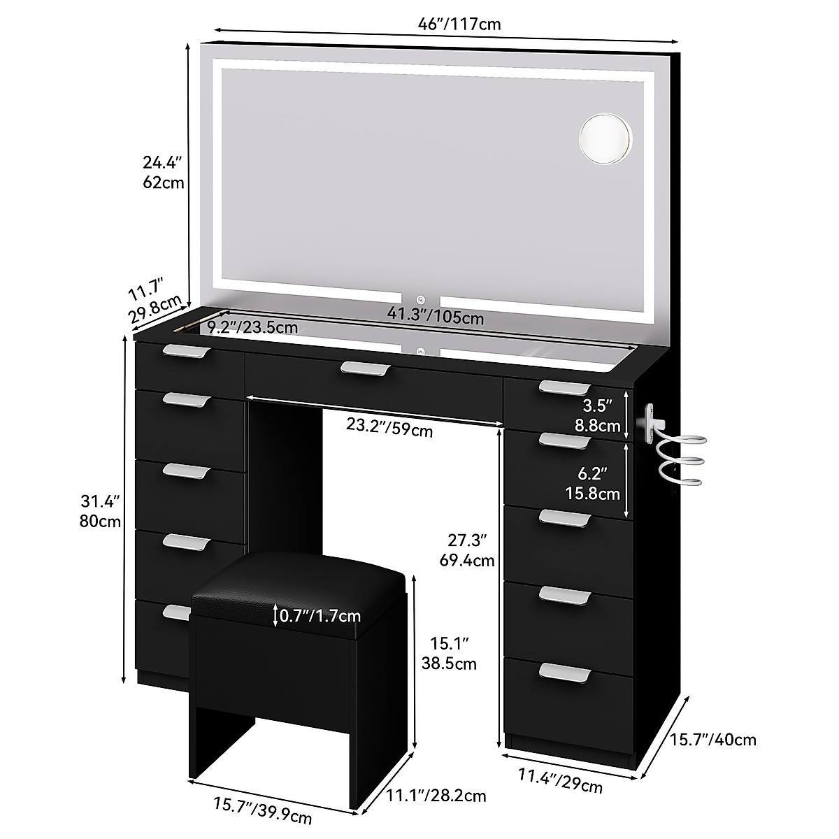 YITAHOME Vanity Desk Set with Large LED Lighted Mirror & Power Outlet, Glass Top Vanity with 11 Drawers and Magnifying Glass, 46'' Large Makeup Vanity with Storage Bench, Black Vanity for Bedroom