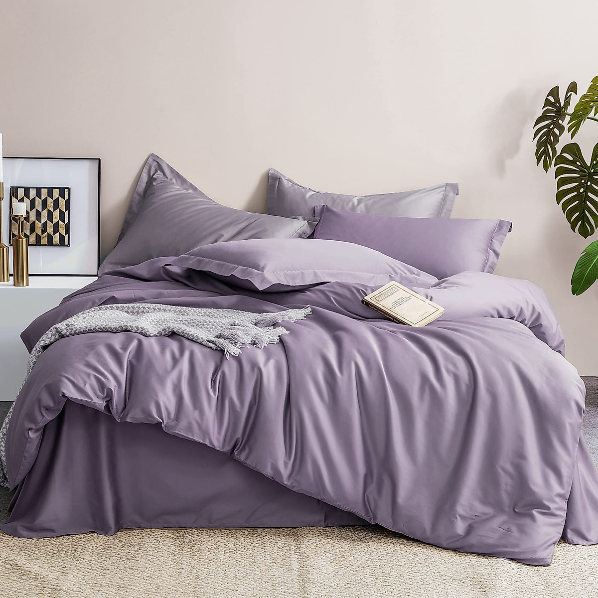 MILDLY 100% Long-Staple Cotton Duvet Cover Set Queen Size Purple Comforter Cover Sets Ultra Soft Bedding Set 3 PCS with Zipper Closure & Corner Tie (No Comforter)