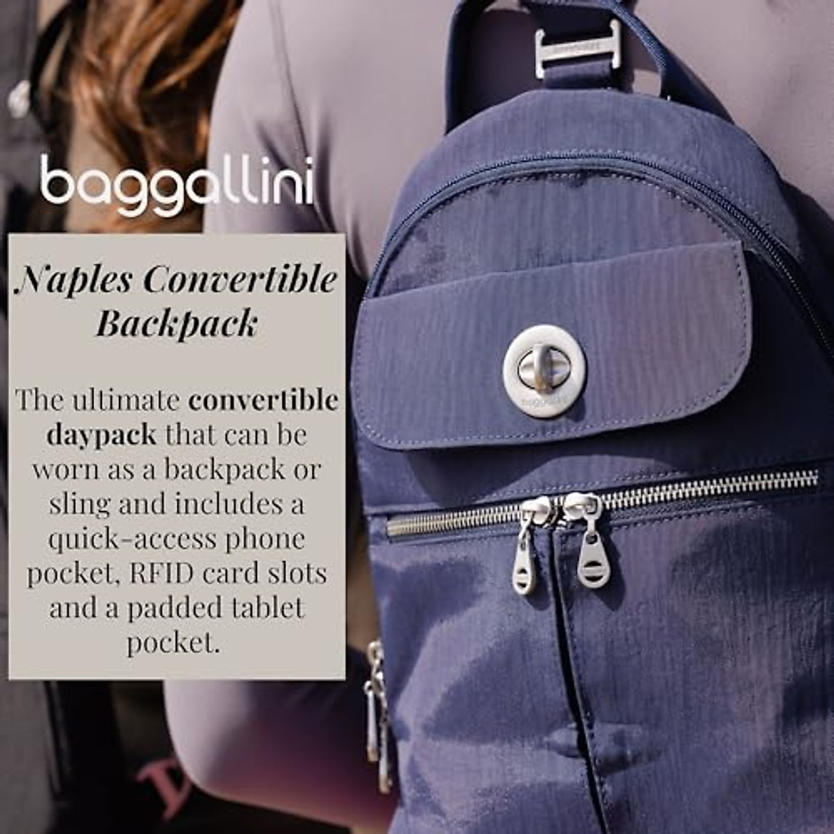 Baggallini Naples Convertible Small Daypack Sling Crossbody, Midnight Blossom