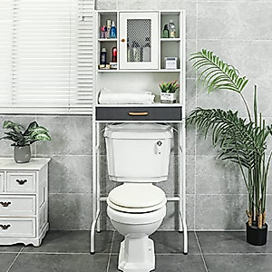 Hongtamoya Over The Toilet Storage Cabinet with Drawer, Bathroom Shelves Over Toilet with Large Storage Space, Over Toilet Bathroom Organizer with Adjustable Shelves and Door, White