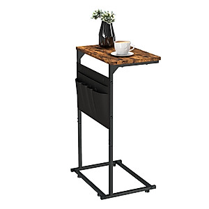 ZERDER C Shaped End Table, Small Side Table with Storage Bag for Couch, Sofa Table with Metal Frame for Living Room and Bedroom Bedside, Rustic Brown ZER-007Br