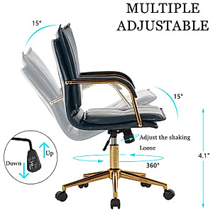MOJAY Mid-Back Ergonomic Leather Office Chair, Modern Upholstered Executive Desk Chair with Gold Frame Armrest Computer Task Chair (DarkBlue)