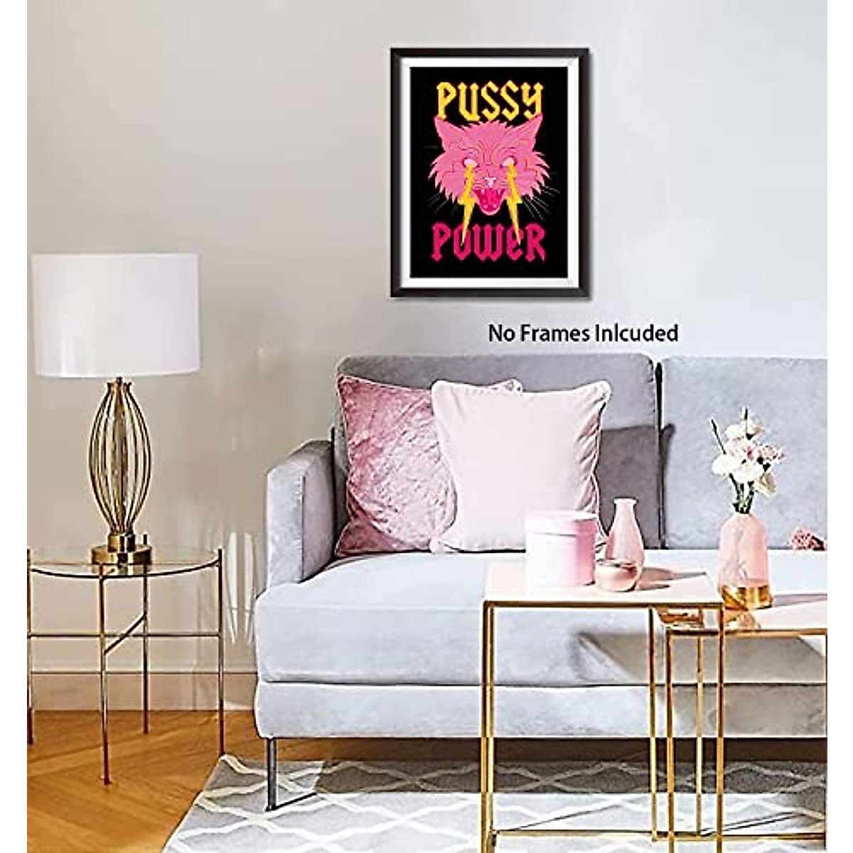 Pink Aesthetic Poster Preppy Room Decor, Cat Canvas Wall Art, Female Power Art Painting, Lightning Art Print for Teen Girls Bedroom College Dorm Room Decor, Girls Trend Wall Decor--12” x 16” Unframed
