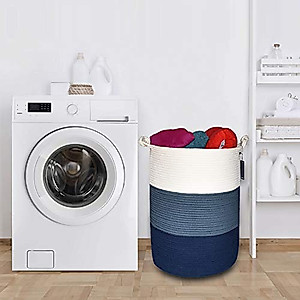 COMSE Extra Large Blanket Basket, High Storage Basket, Tall Rope Laundry Basket, 15.7”x 21.7”, Cotton Rope Basket, XXXL Laundry Basket, Toy Basket, Clothes Baskets,White/Cadet Blue/Navy Blue