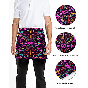 Flowers Mexico Waitress Waiter Server Apron with Pockets,Geometric Abstract Floral Colored Waist Half Waterproof Cooking Kitchen BBQ Grill Chef Apron for Women,Men,Kids,Dad,Mom,Grandma,Boys,Girls
