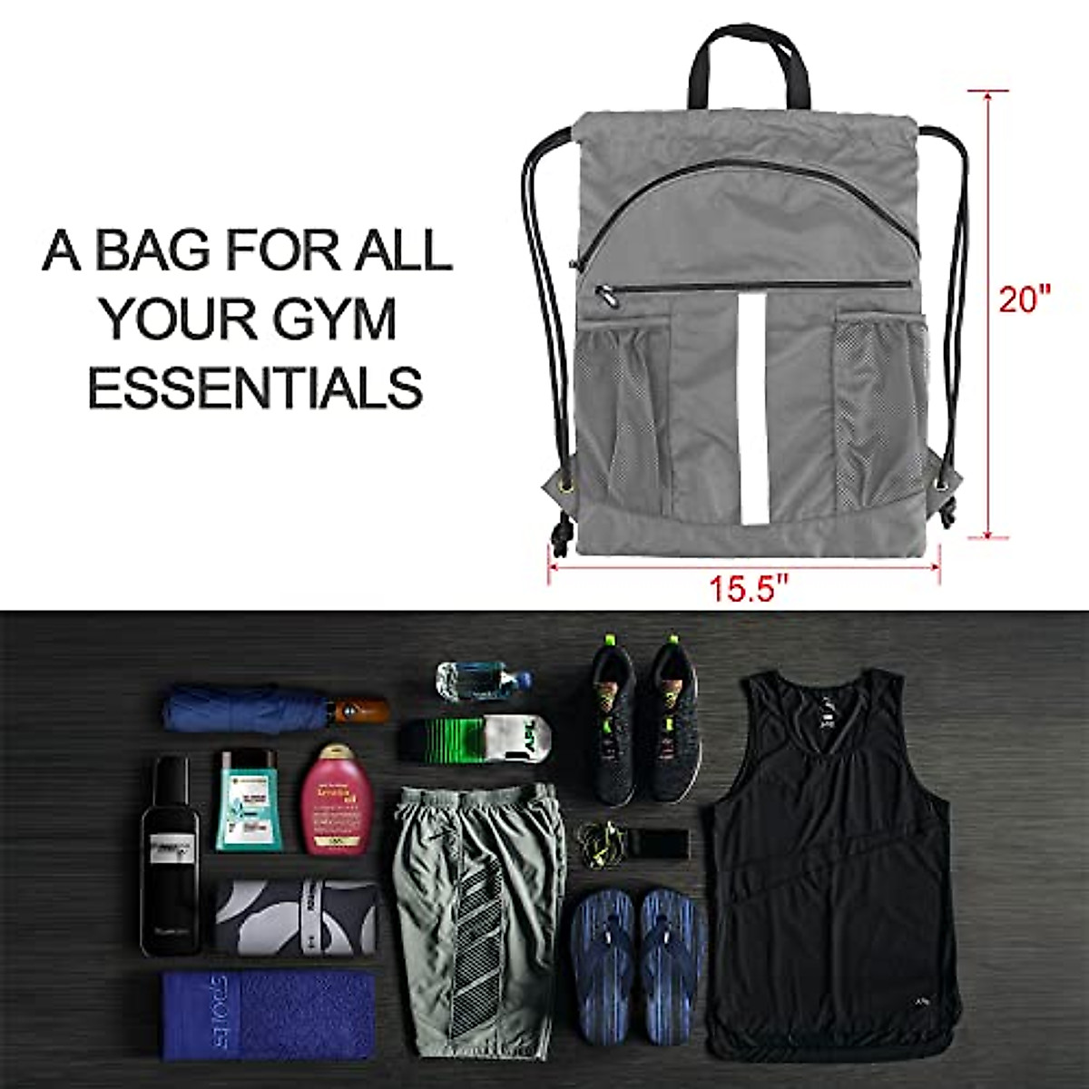 BeeGreen Grey Drawstring Backpack Bag with Shoe Compartment X-Large Black Gym Sports String Cinch Backpack Athletic Sackpack Mesh Water Bottle Holders for Women Men