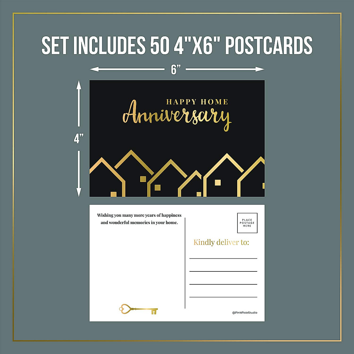 50 Happy Home Anniversary Realtor Postcards, Bulk Blank House Greetings, Real Estate Agent Thank You Notes, Houseiversary Card, Welcome Home Stationery Gifts for Clients (2 Tone Gold Print not Foil)